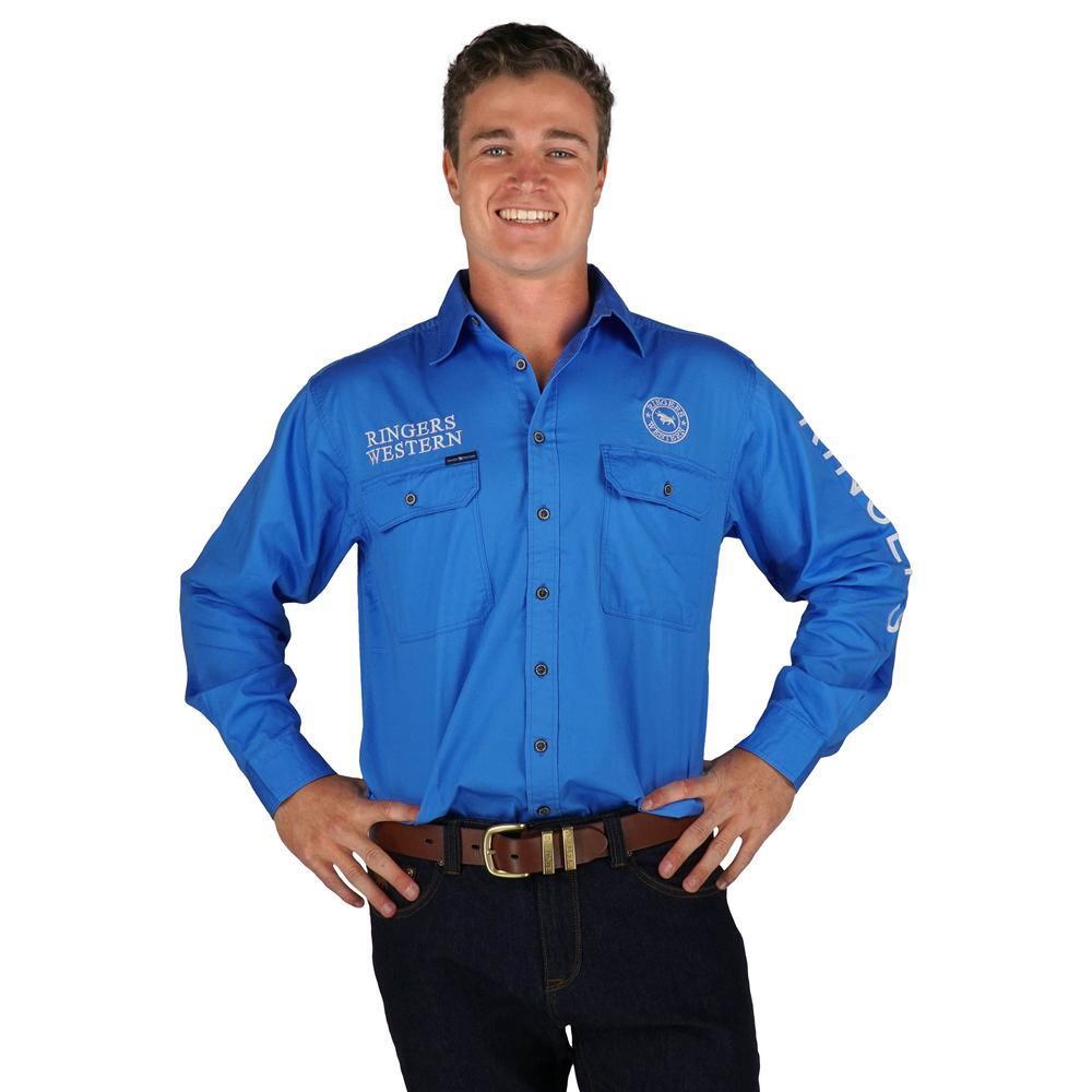 Ringers Hawkeye Mens Full Button Work Shirt Blue White Goulburn